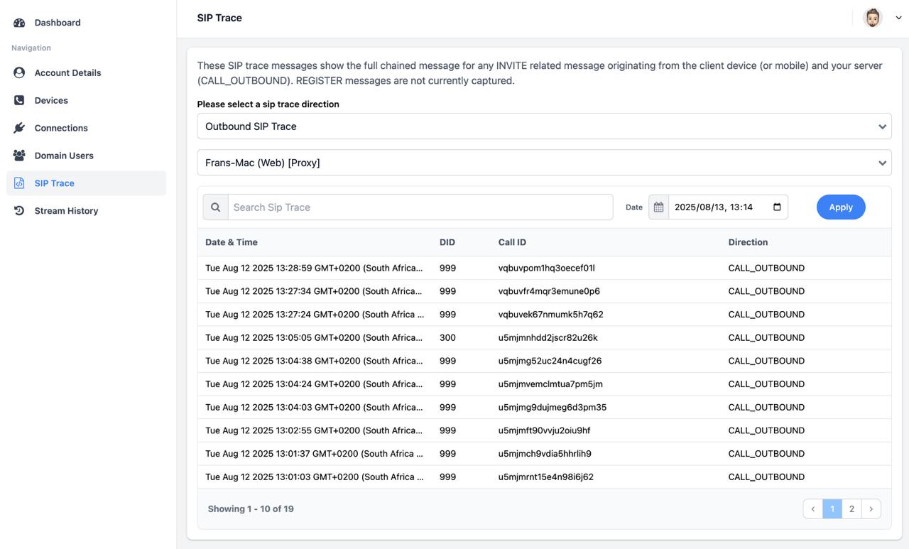 Viewing SIP Trace Logs - SIPERB WebRTC Softphone