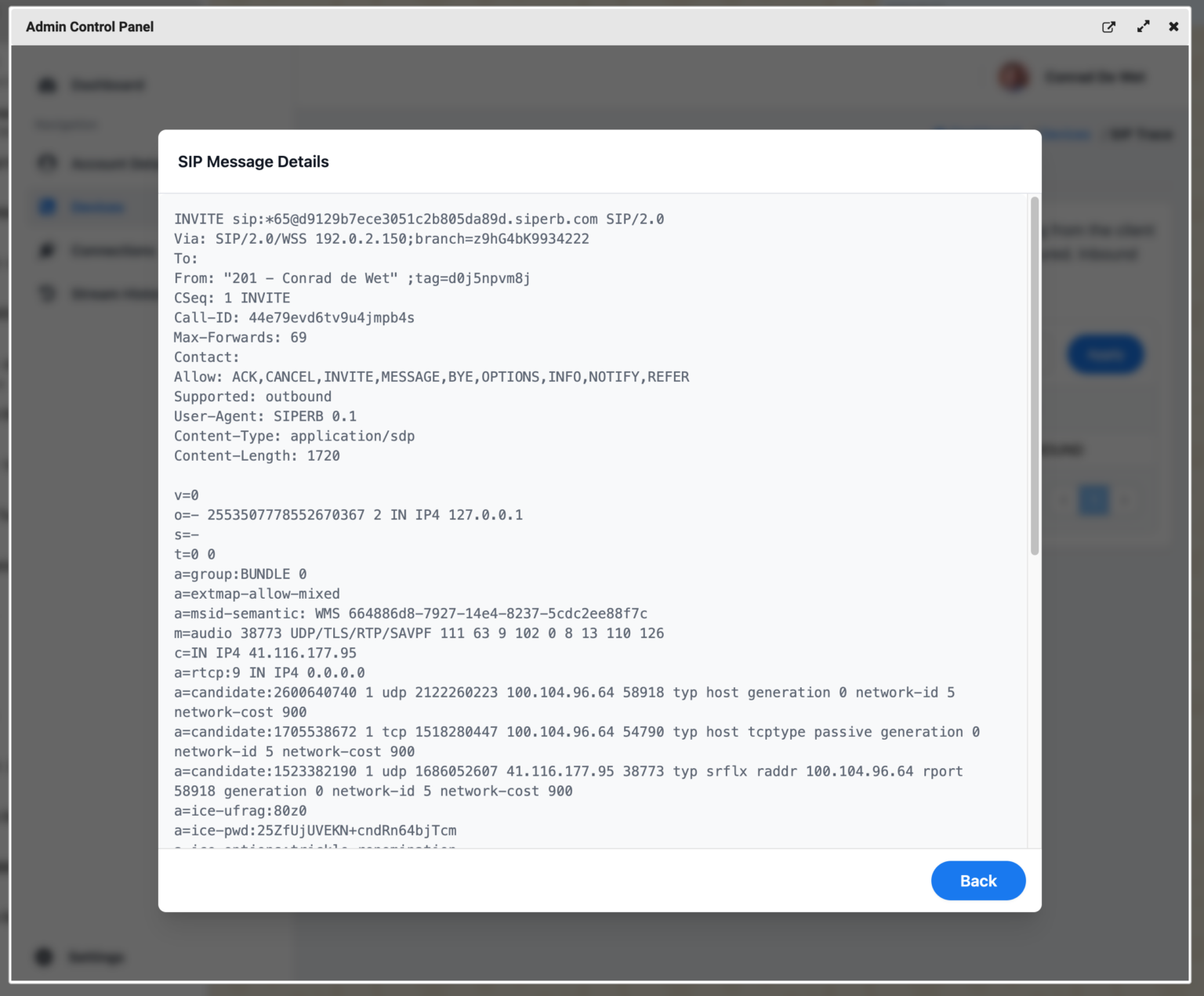 Viewing SIP Trace Logs - SIPERB WebRTC Softphone